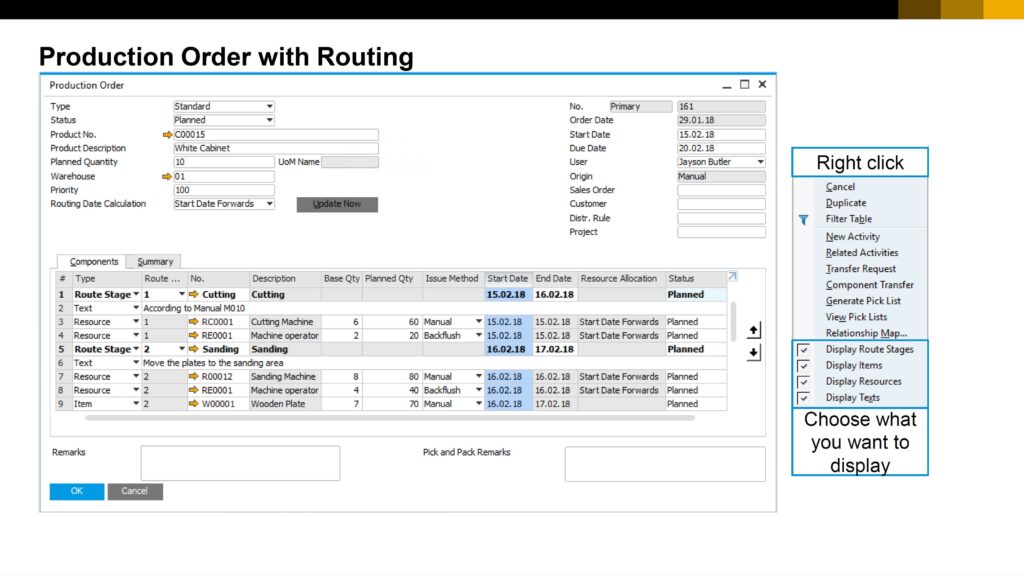 SAP B1 - RELEASING THE PRODUCTION ORDER & ROUTE DATE CALCULATION