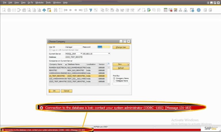 SAP B1 Troubleshooting - Connection to database is lost; contact your ...